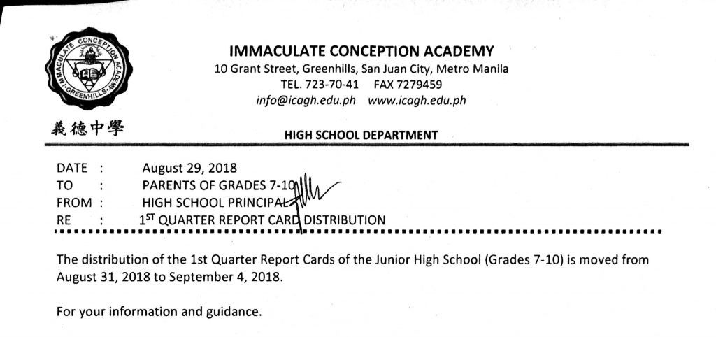 JHS Report Card Distribution Schedule - Immaculate Conception Academy
