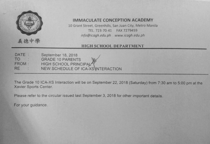 New Schedule for ICA-XS Interaction - Immaculate Conception Academy
