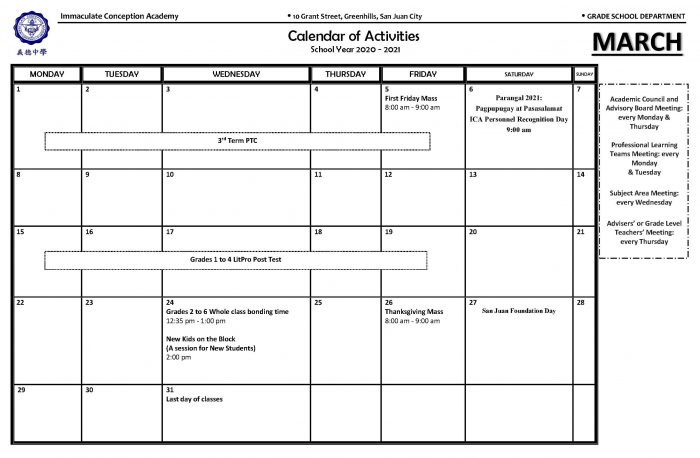 Grade School March 2021 Calendar of Activities - Immaculate Conception ...