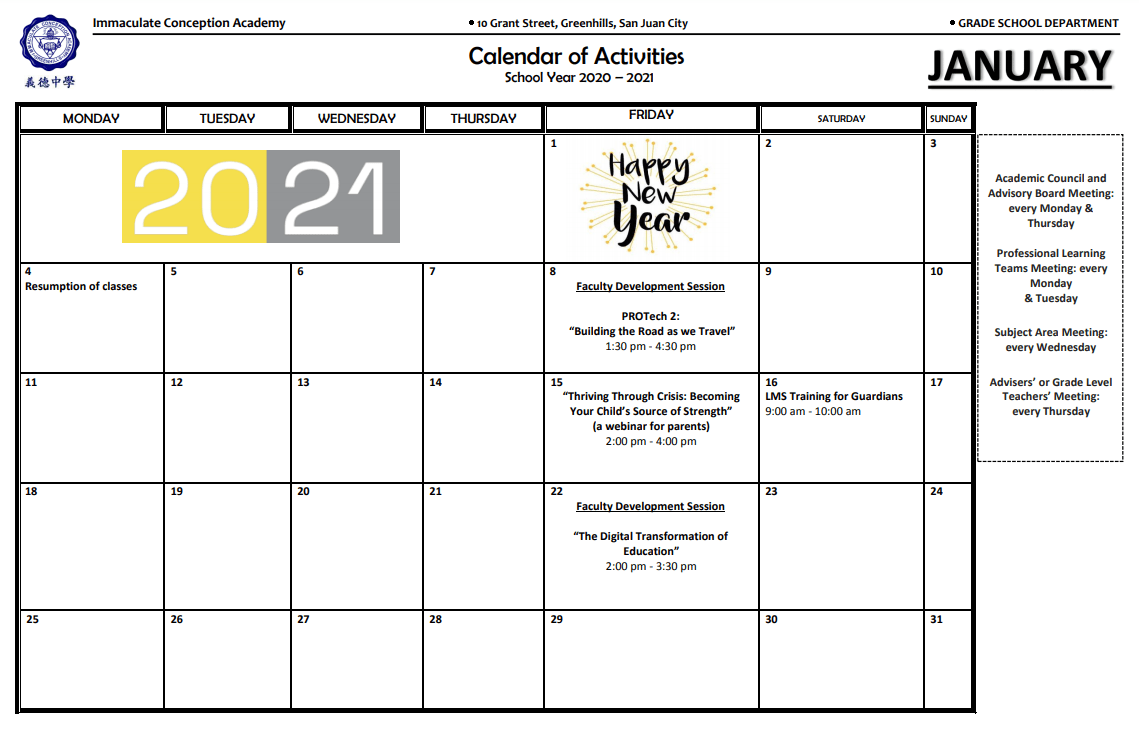 Grade School January 2021 Calendar - Immaculate Conception Academy