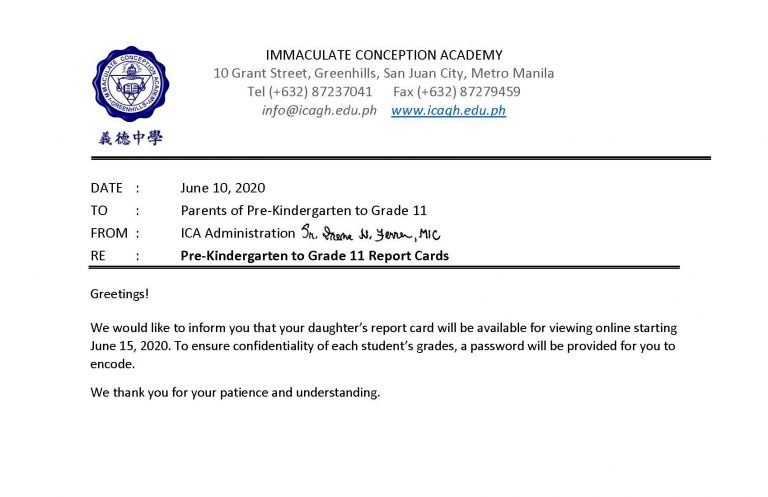 Pre-Kindergarten to Grade 11 Report Cards - Immaculate Conception Academy