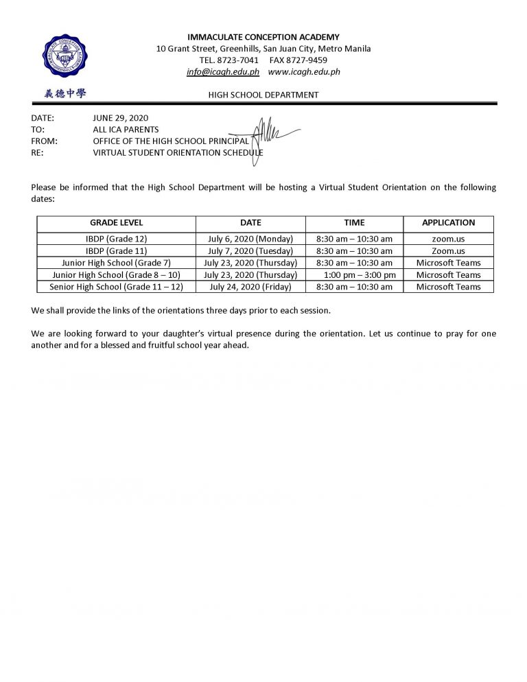 Virtual Student Orientation Schedule - Immaculate Conception Academy