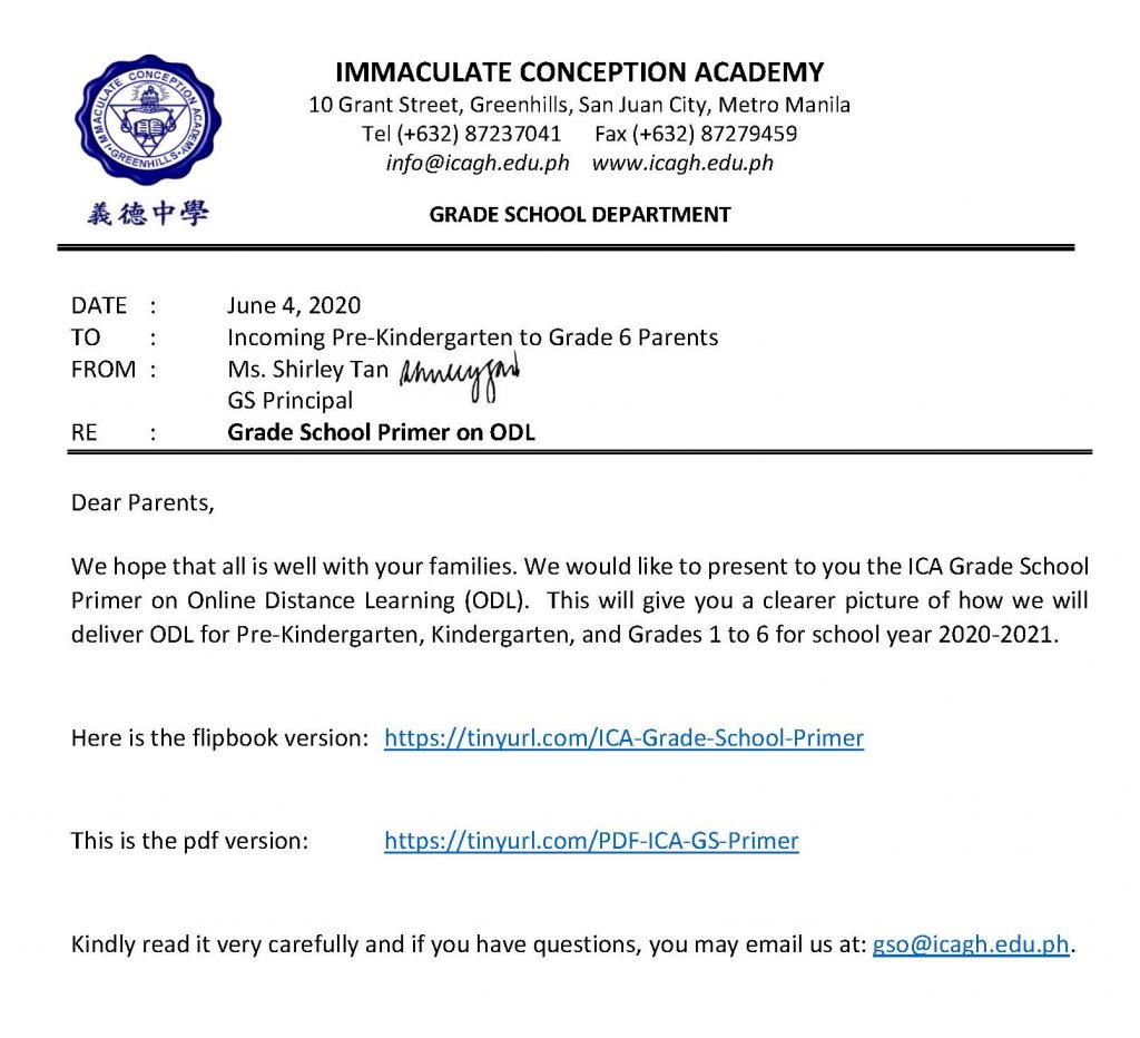 Grade School Primer on ODL - Immaculate Conception Academy