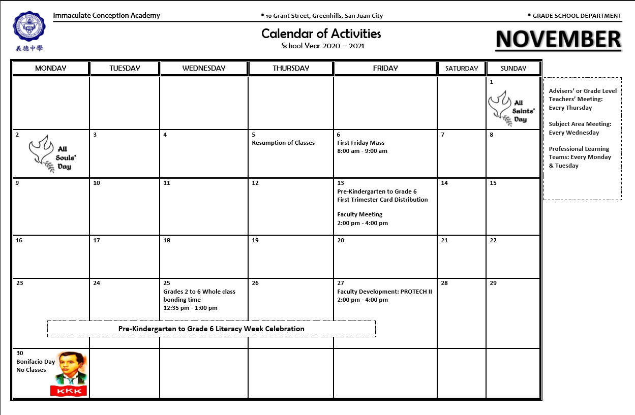 Grade School November 2020 Calendar of Activities - Immaculate ...