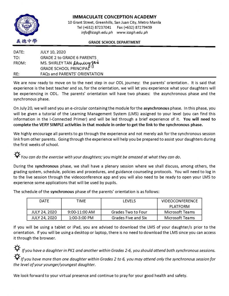 Parent Orientation for Grades 2 to 6 - Immaculate Conception Academy