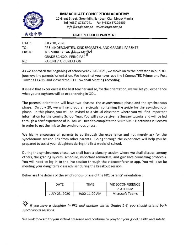 Parent Orientation PK1 - Immaculate Conception Academy