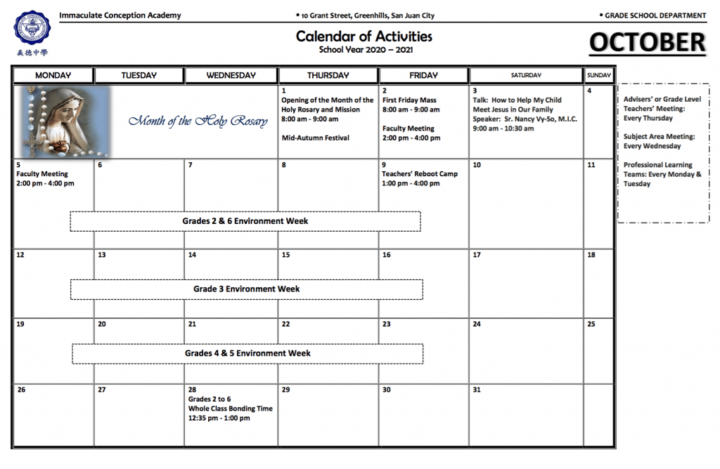 Grade School October 2020 Calendar of Activities - Immaculate ...