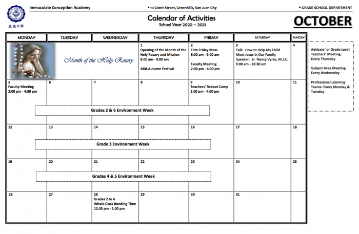 Grade School October 2020 Calendar of Activities - Immaculate ...