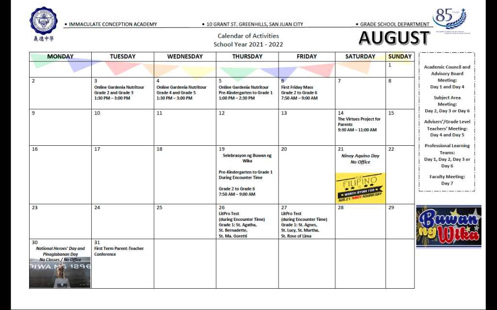 GS August 2021 Calendar of Activities - Immaculate Conception Academy