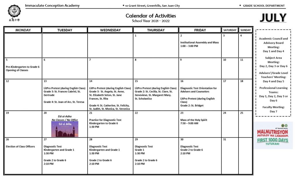 Grade School July 2021 Calendar of Activities - Immaculate Conception ...