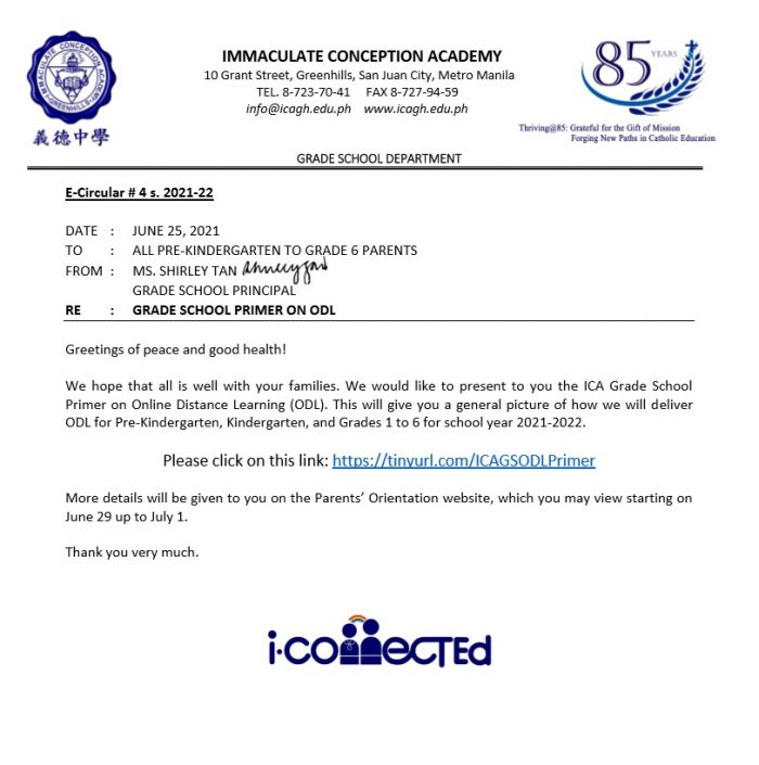 Grade School Primer on ODL - Immaculate Conception Academy
