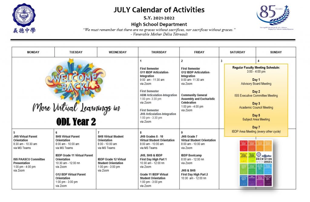 High School July 2021 Calendar of Activities - Immaculate Conception ...