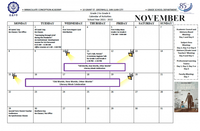 Grade 2 to Grade 6 November 2021 Calendar of Activities - Immaculate ...