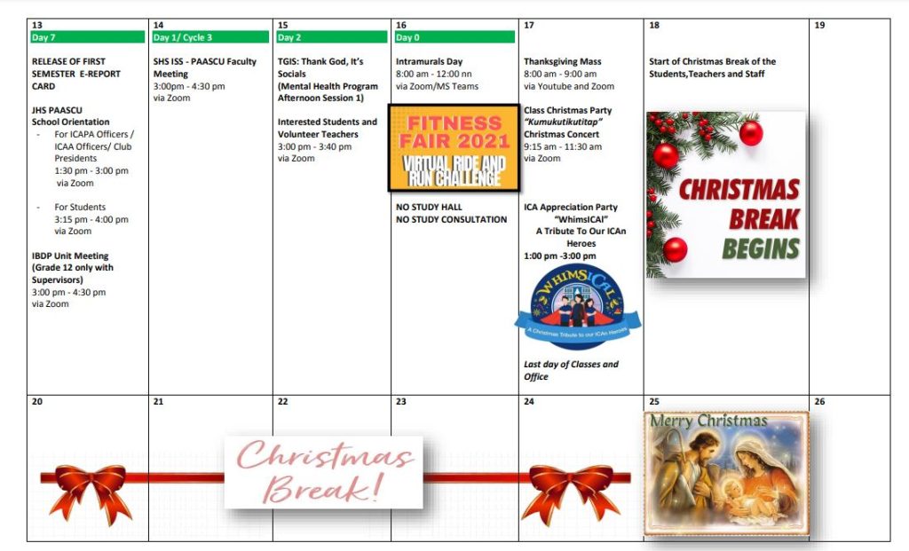High School December 2021 Calendar of Activities - Immaculate ...