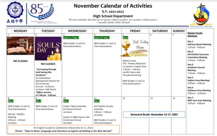 High School November 2021 Calendar of Activities - Immaculate ...