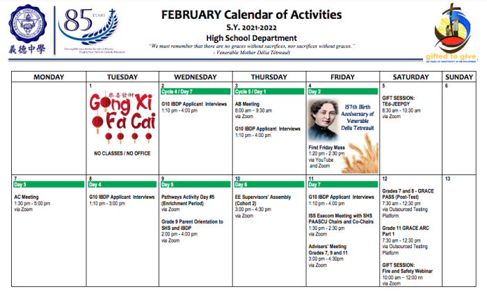 High School February 2022 Calendar of Activities - Immaculate ...