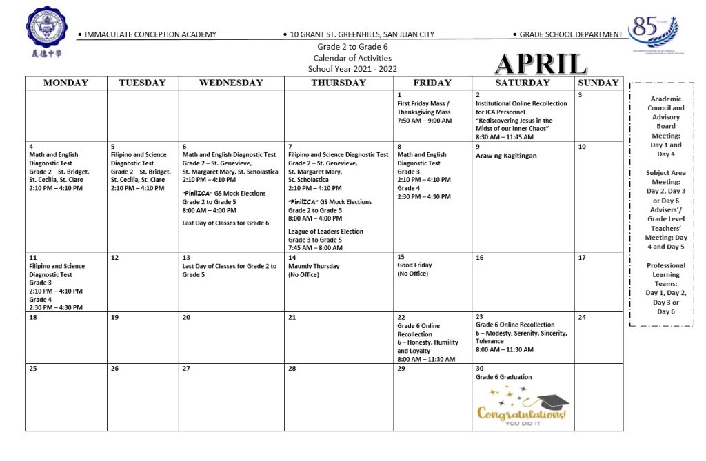 Grade 2 to Grade 6 April 2022 Calendar of Activities - Immaculate ...