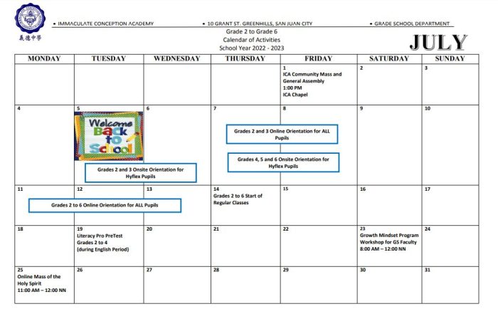 Grade 2 to Grade 6 July 2022 Calendar of Activities - Immaculate ...