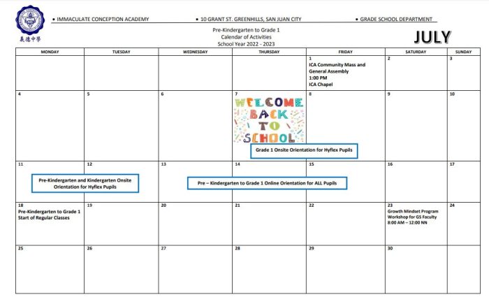 Pre-Kindergarten to Grade 1 July 2022 Calendar of Activities ...