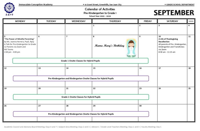 Pre-Kindergarten to Grade 1 September 2022 Calendar of Activities ...