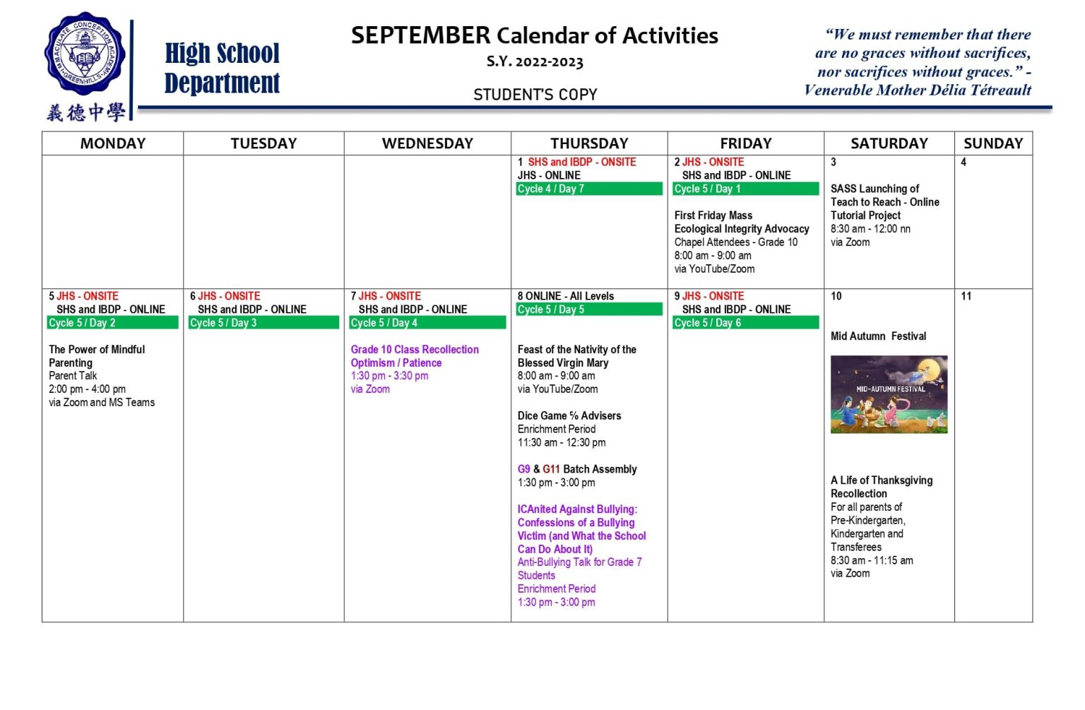 High School September 2022 Calendar of Activities - Immaculate Conception Academy