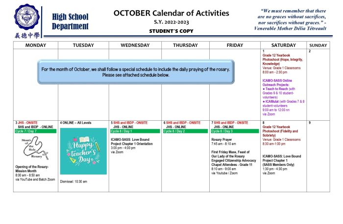 High School October Calendar of Activities - Immaculate Conception Academy