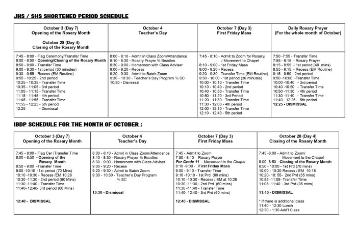 High School October Calendar of Activities - Immaculate Conception Academy