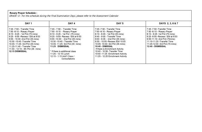 High School October Calendar of Activities - Immaculate Conception Academy
