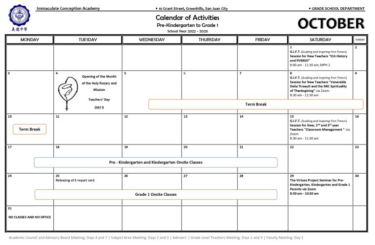 Pre-Kindergarten to Grade 1 October Calendar of Activities - Immaculate ...