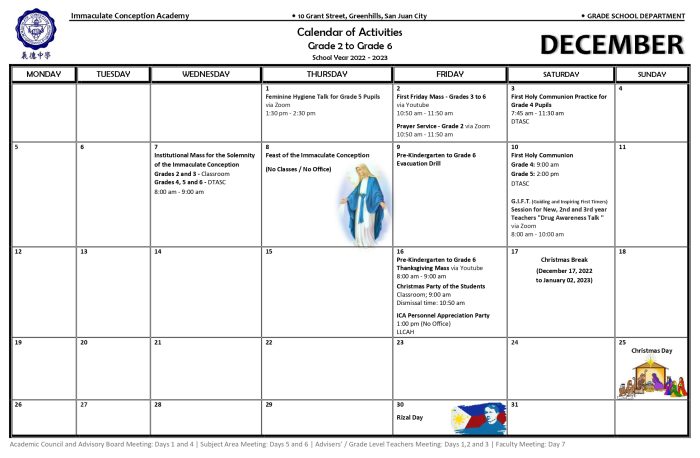 Grade 2 to 6 Calendar of Activities for December 2022 - Immaculate Conception Academy