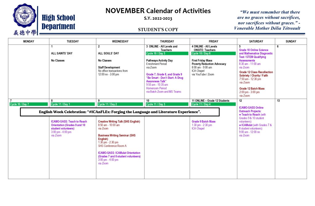 High School November Calendar of Activities - Immaculate Conception Academy