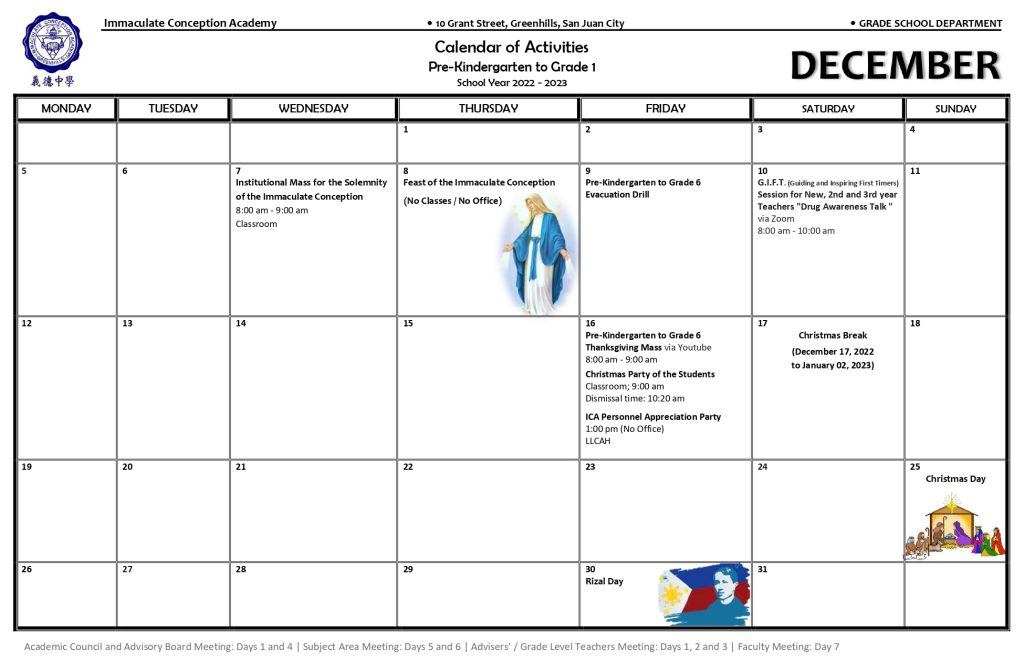 Pre-Kindergarten to Grade 1 Calendar of Activities for December 2022 ...