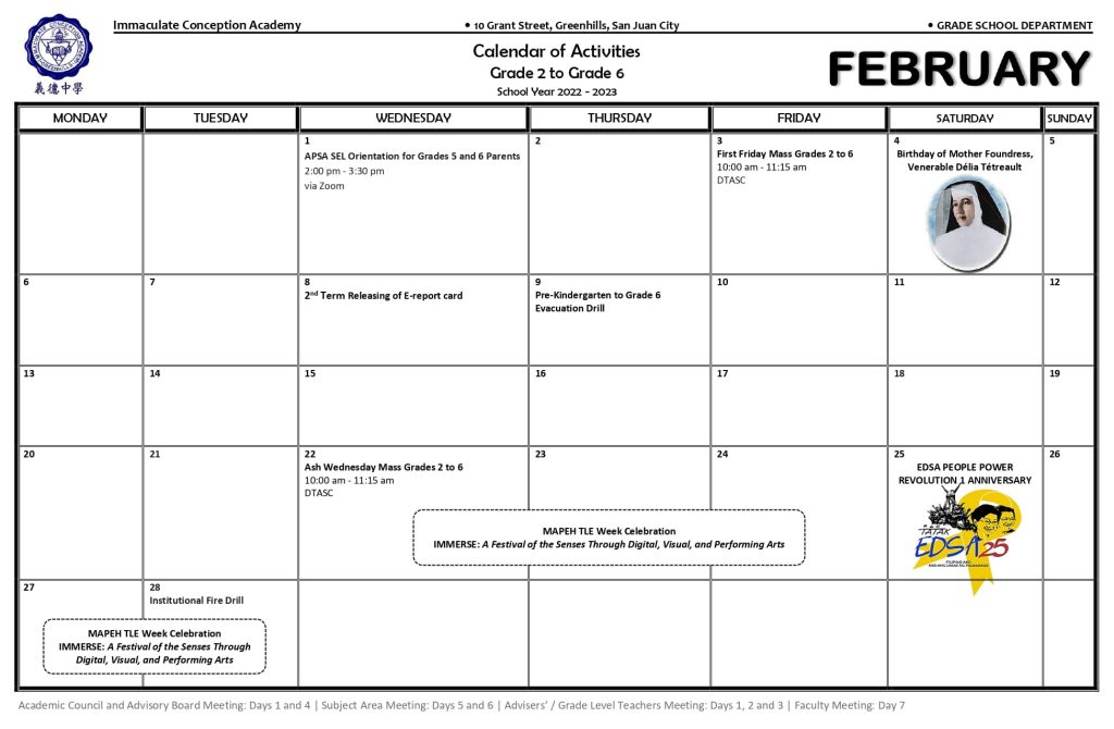 Grade 2 to 6 Calendar of Activities for February 2023 - Immaculate ...