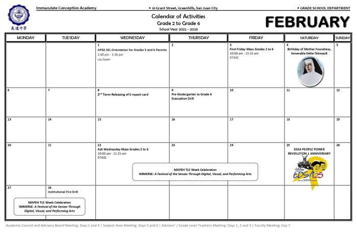 Grade 2 to 6 Calendar of Activities for February 2023 - Immaculate ...