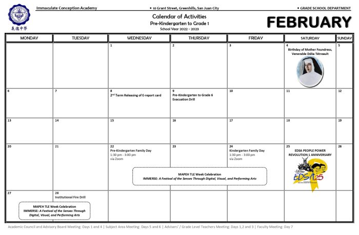 Pre-Kindergarten to Grade 1 Calendar of Activities for February 2023 ...