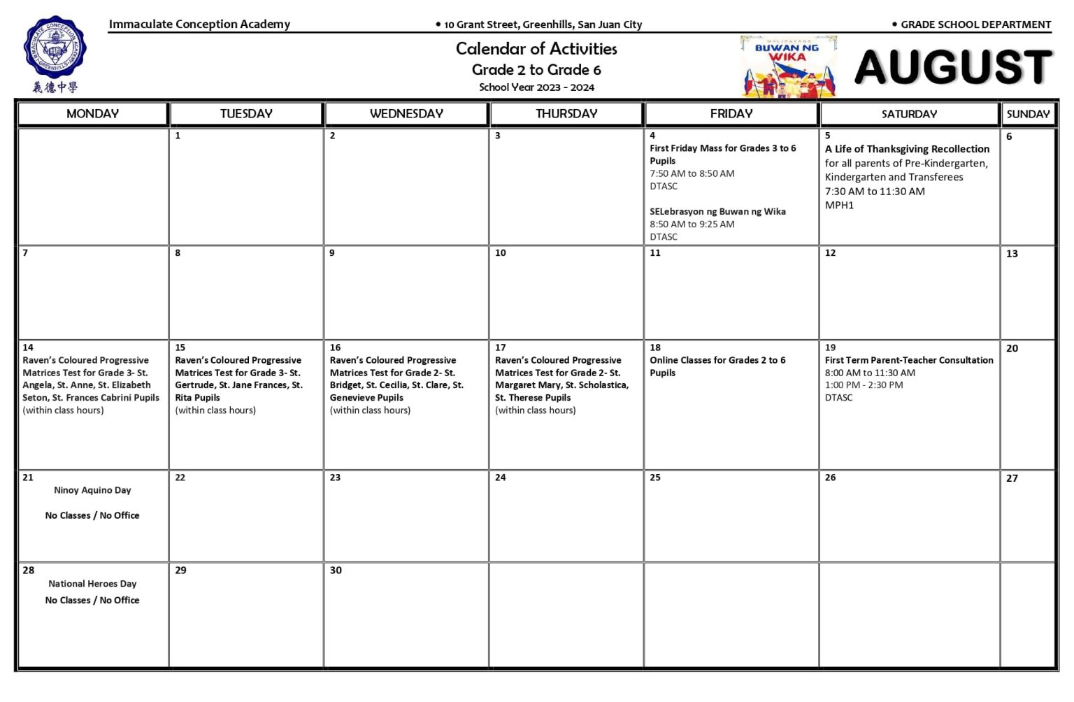 Grade 2 to Grade 6 School Calendar of Activities : August 2023 ...