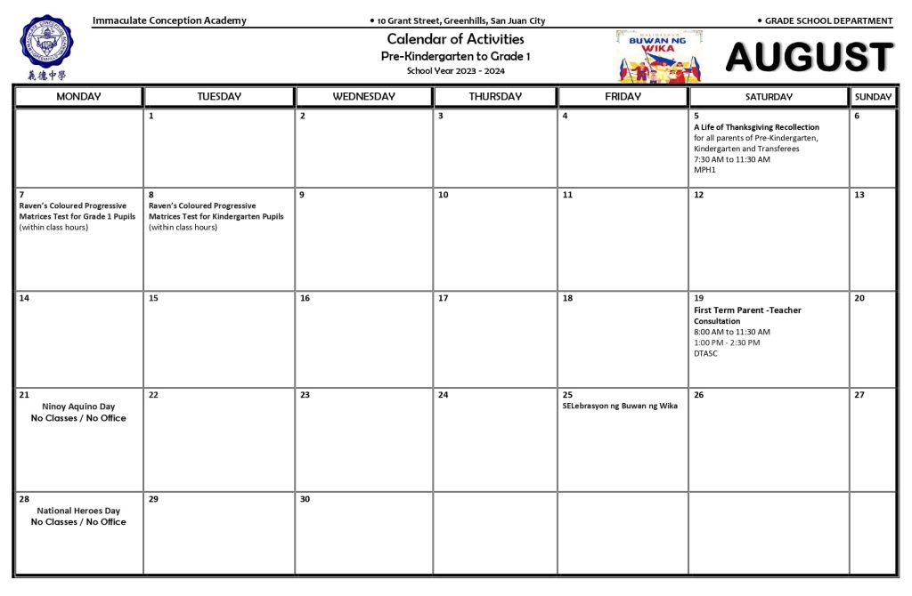 Pre-Kindergarten to Grade 1 School Calendar of Activities : August 2023 ...