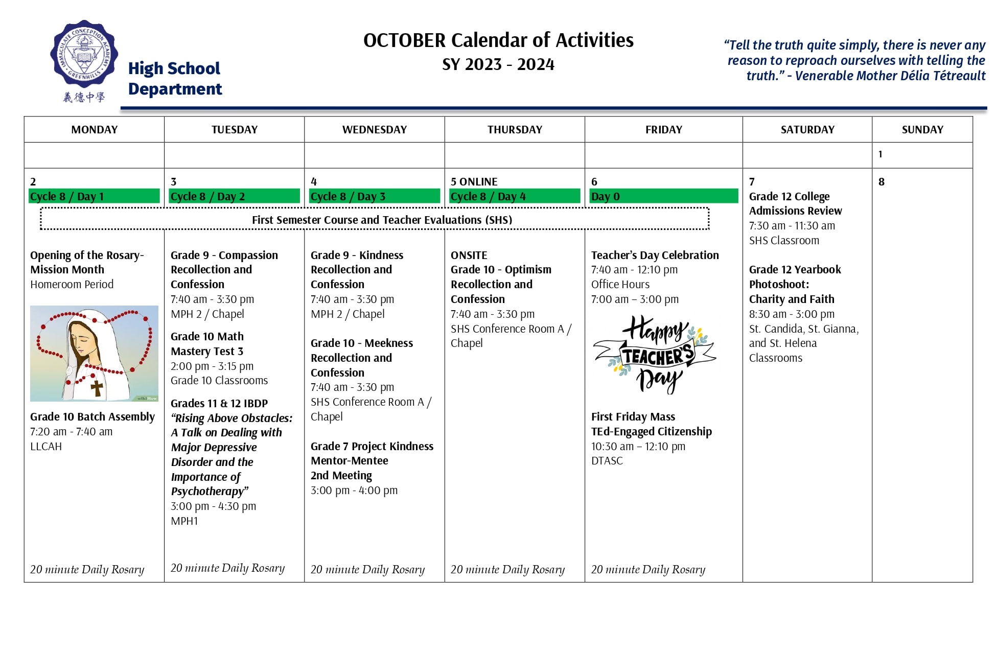 October Calendar of Activities for High School - Immaculate Conception ...