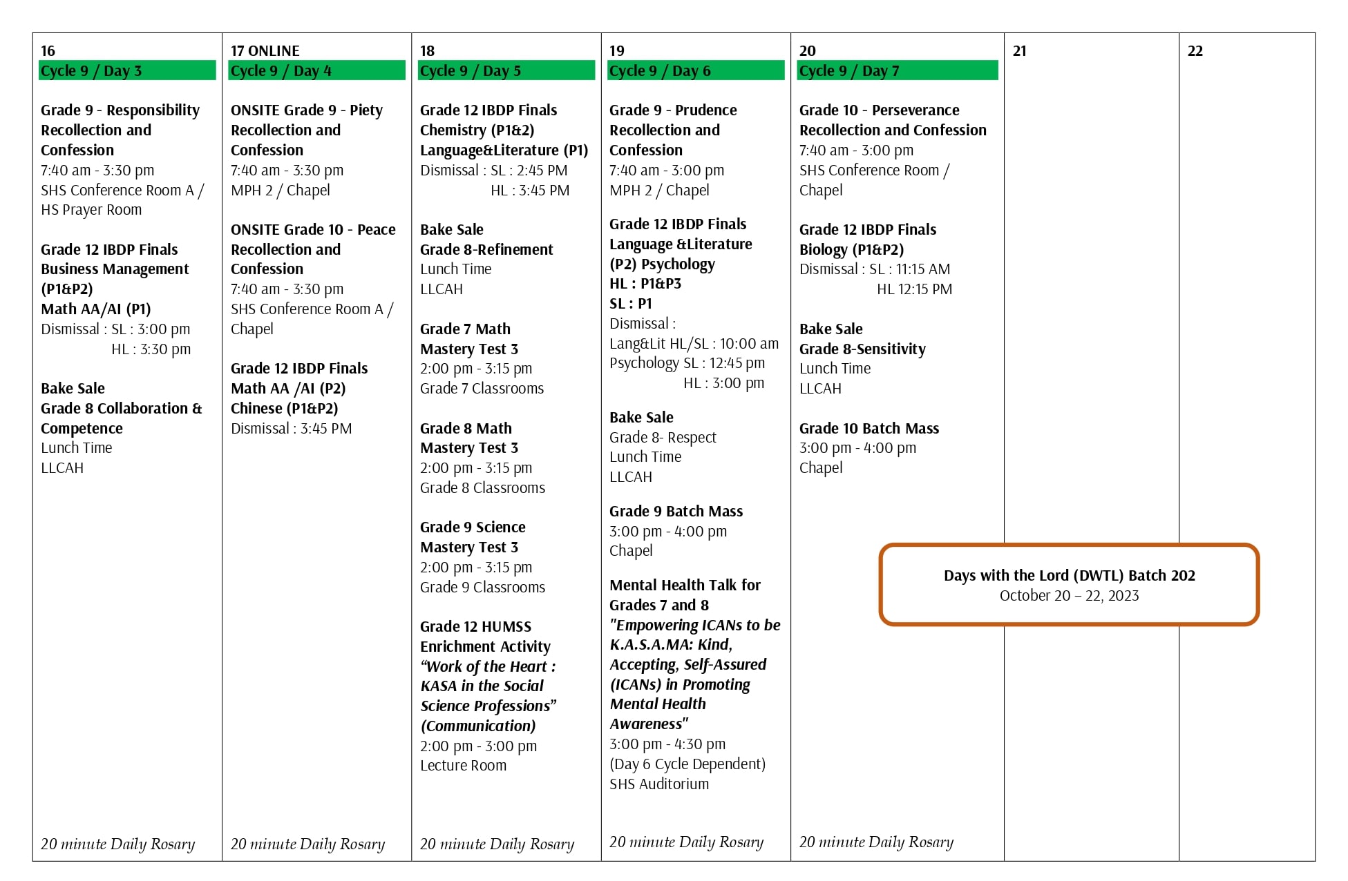 October Calendar of Activities for High School - Immaculate Conception ...
