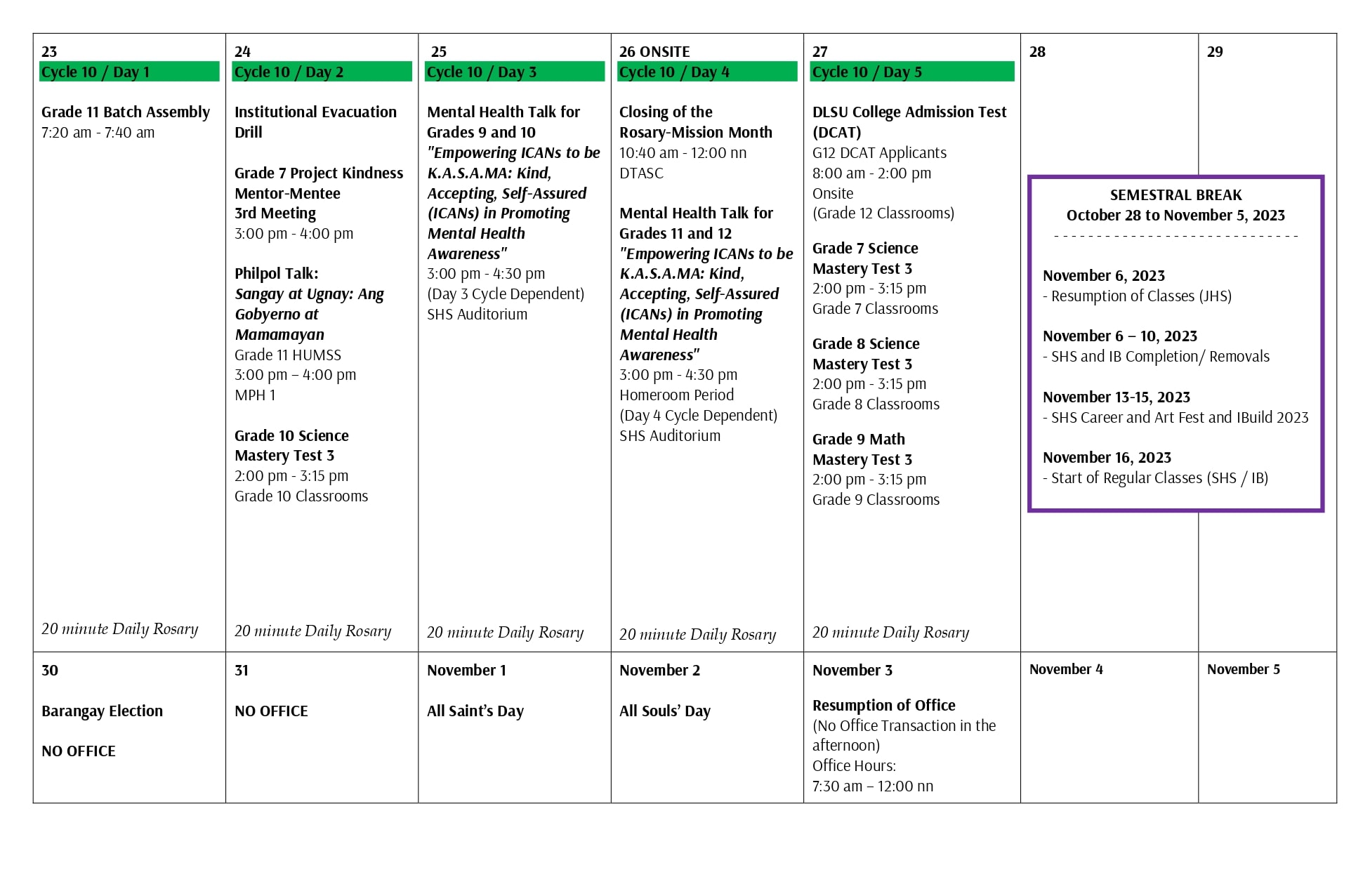 October Calendar of Activities for High School - Immaculate Conception ...