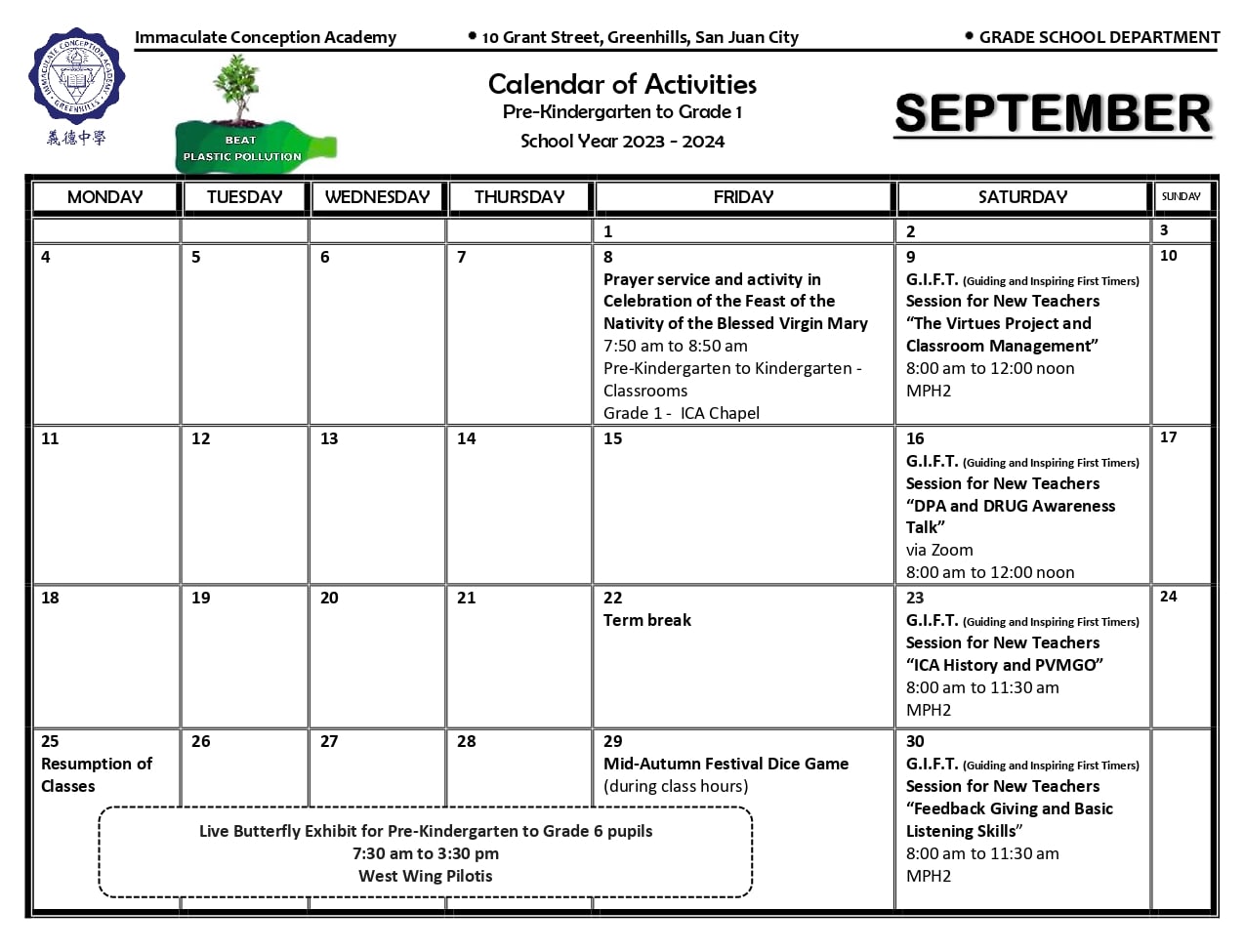 Pre-Kindergarten to Grade 1 Calendar of Activities for September 2023 ...