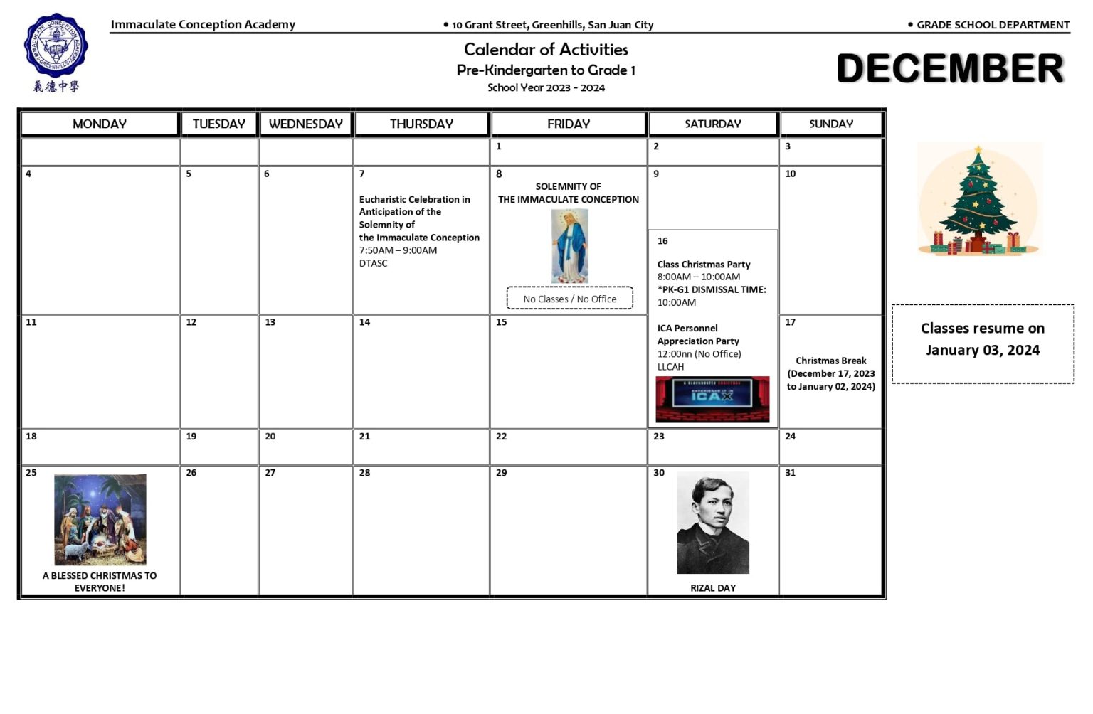 Pre-Kindergarten to Grade 1 December Calendar of Activities ...