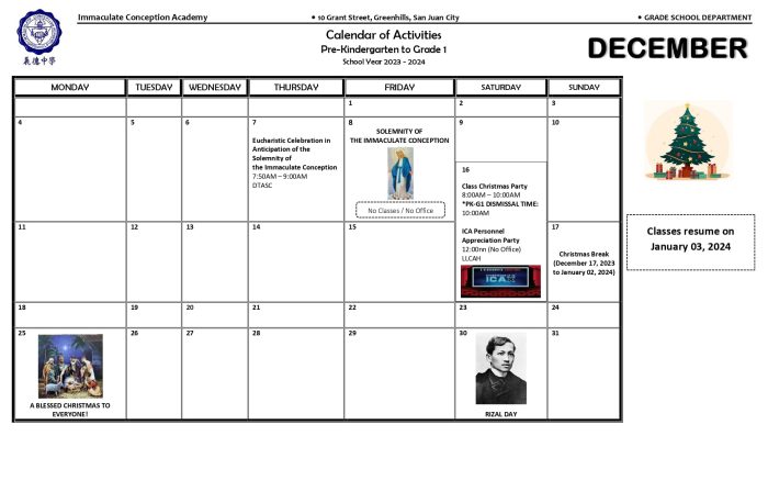 Pre-Kindergarten to Grade 1 December Calendar of Activities ...