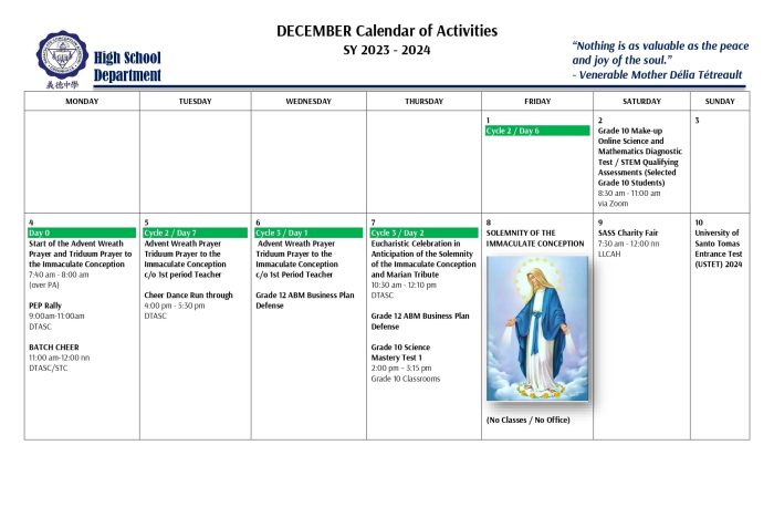 High School December Calendar of Activities - Immaculate Conception Academy