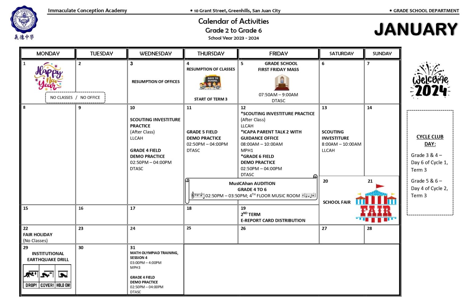 Grades 2 to 6 January Calendar of Activities - Immaculate Conception ...