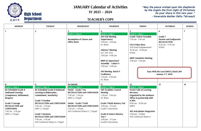 High School January Calendar of Activities - Immaculate Conception Academy
