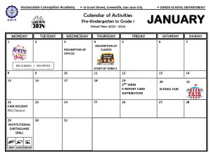 Pre-Kindergarten to Grade 1 January Calendar of Activities - Immaculate ...