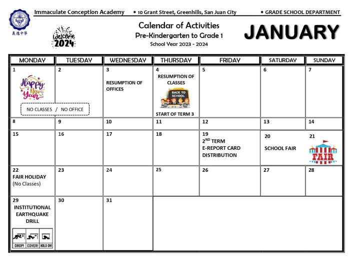 Pre-Kindergarten to Grade 1 January Calendar of Activities - Immaculate ...