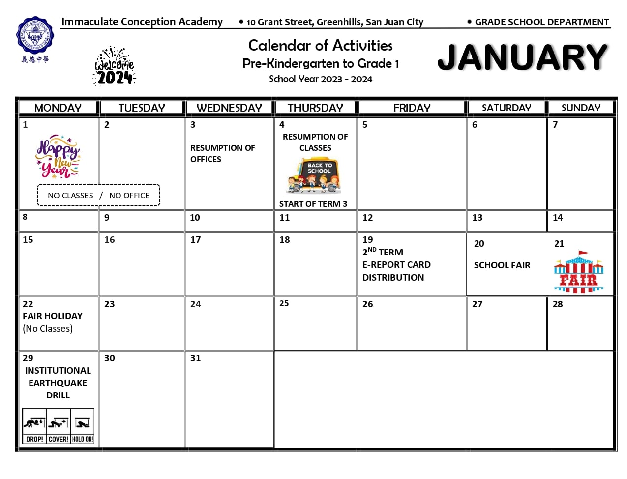 Pre-Kindergarten to Grade 1 January Calendar of Activities - Immaculate ...