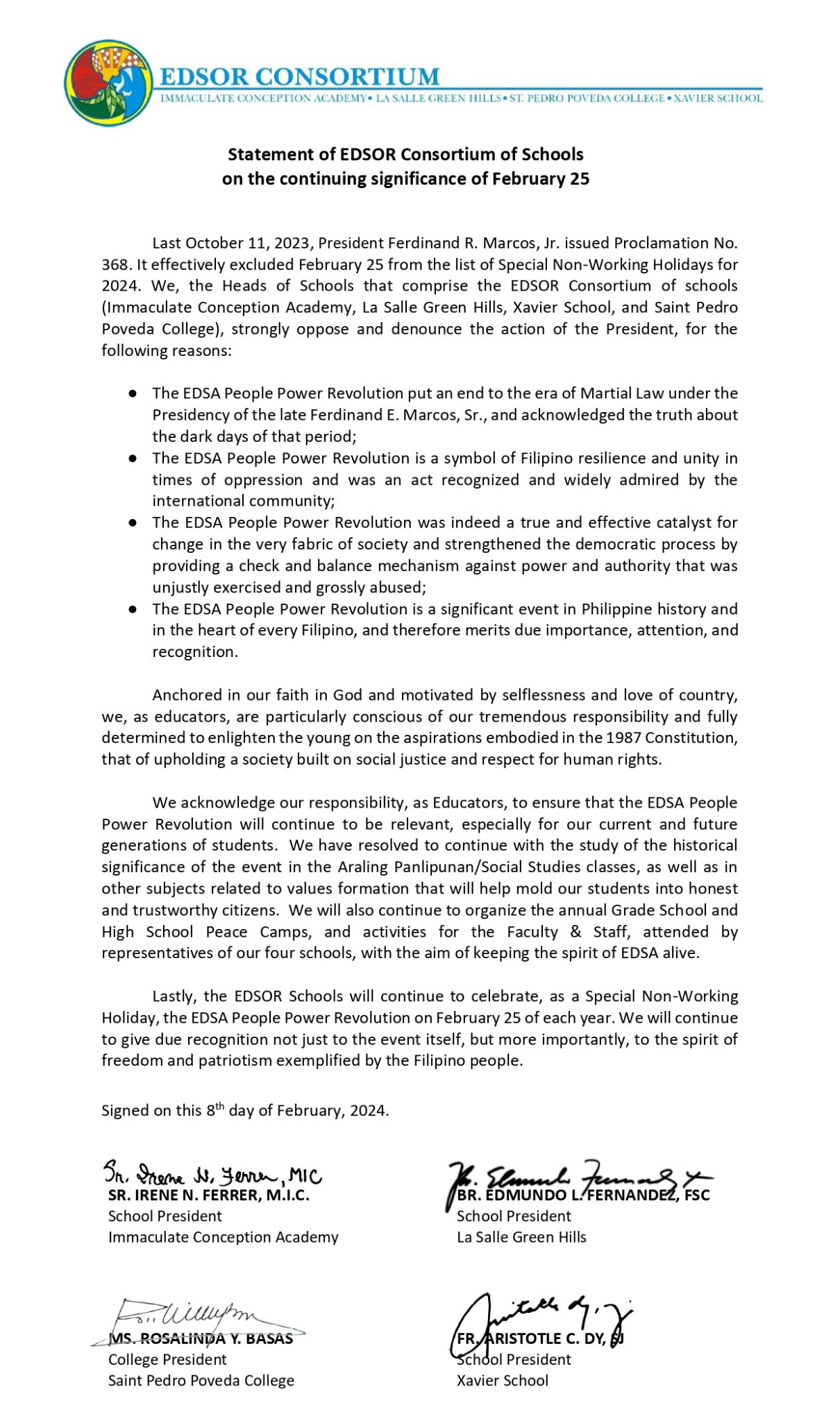 Statement of EDSOR Schools on the Continuing Significance of February ...